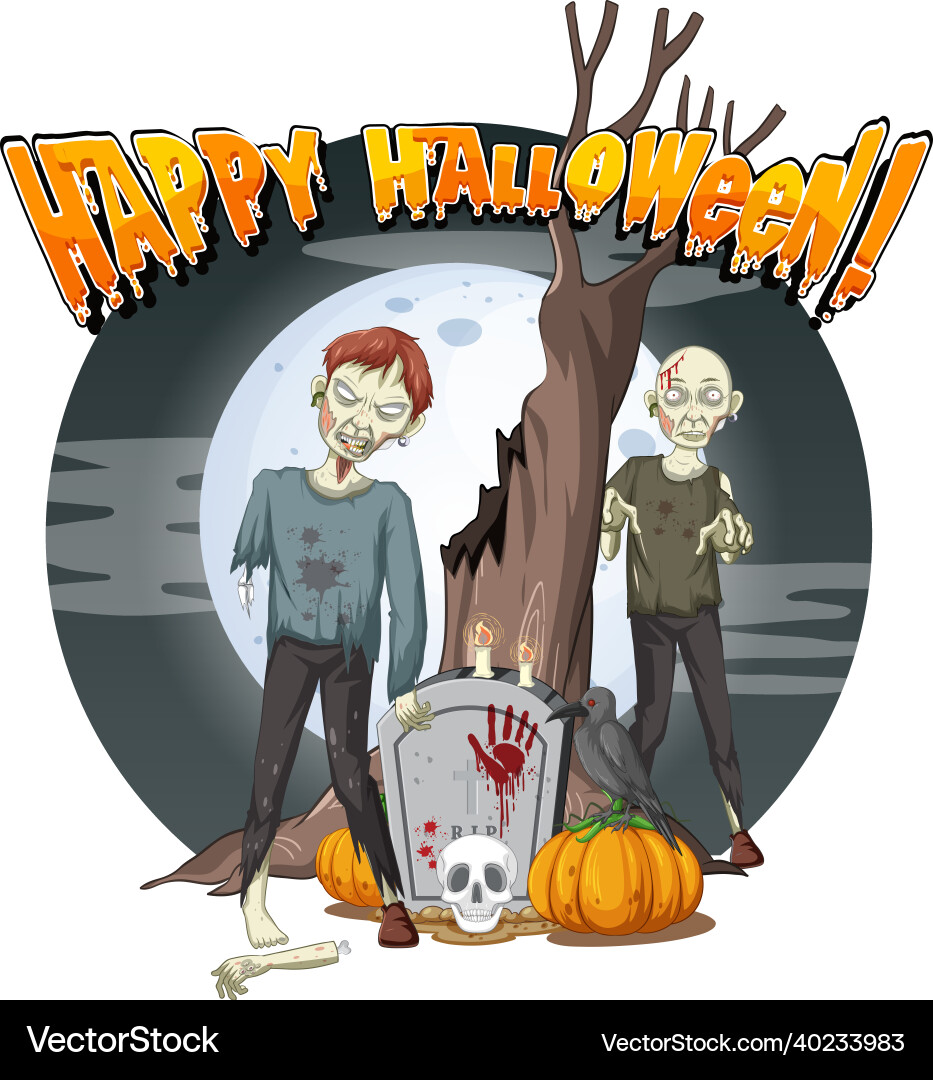 Creepy zombies on full moon background Royalty Free Vector
