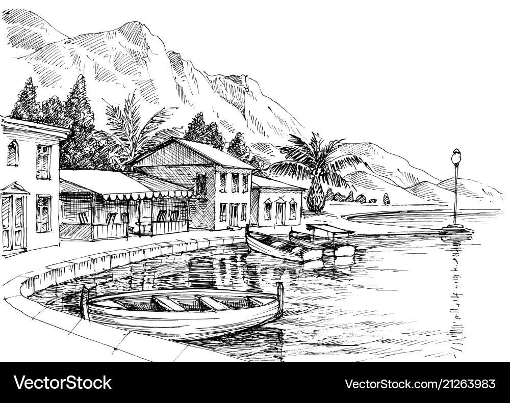 Harbor Scene with Boats and Buildings Royalty Free Vector