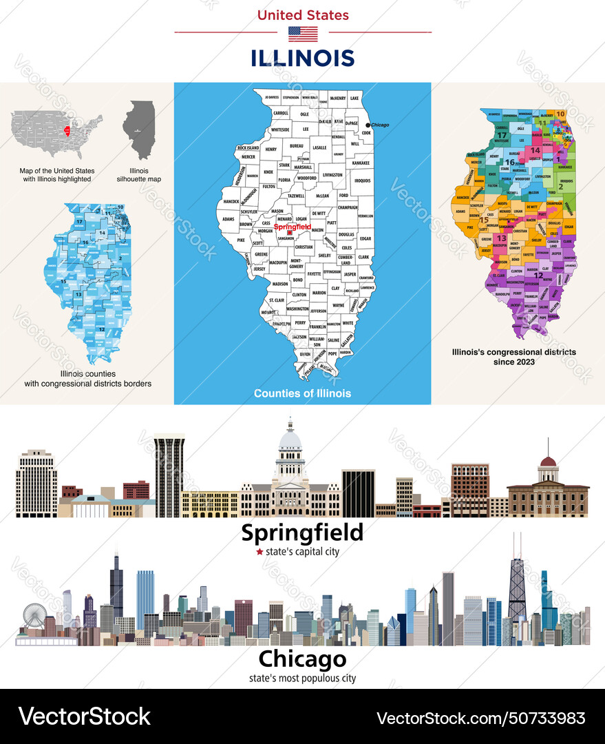Illinois counties map and congressional districts Vector Image