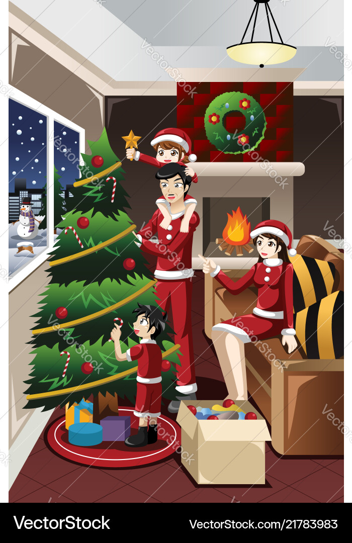 Kids helping parents decorating christmas tree Vector Image