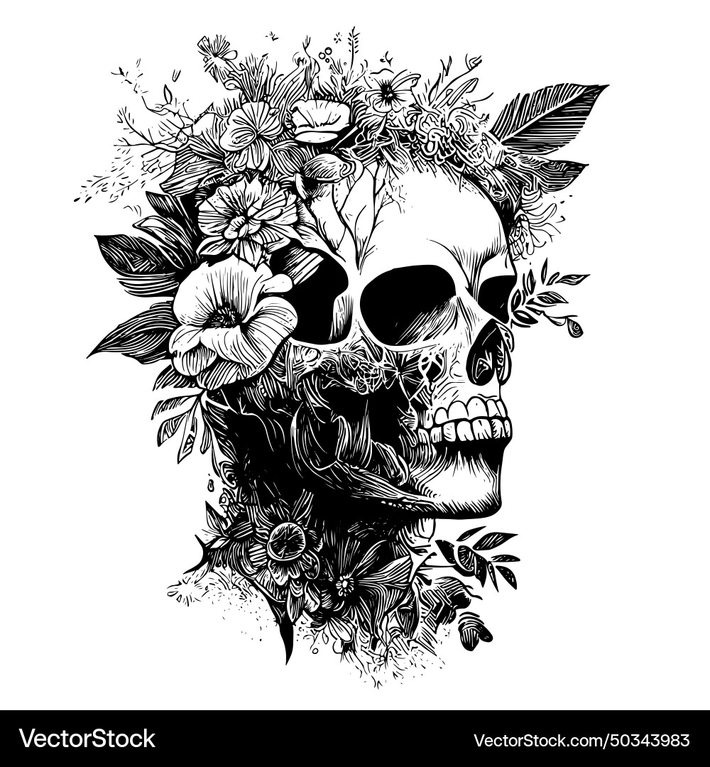 Skull with flowers roses human Royalty Free Vector Image