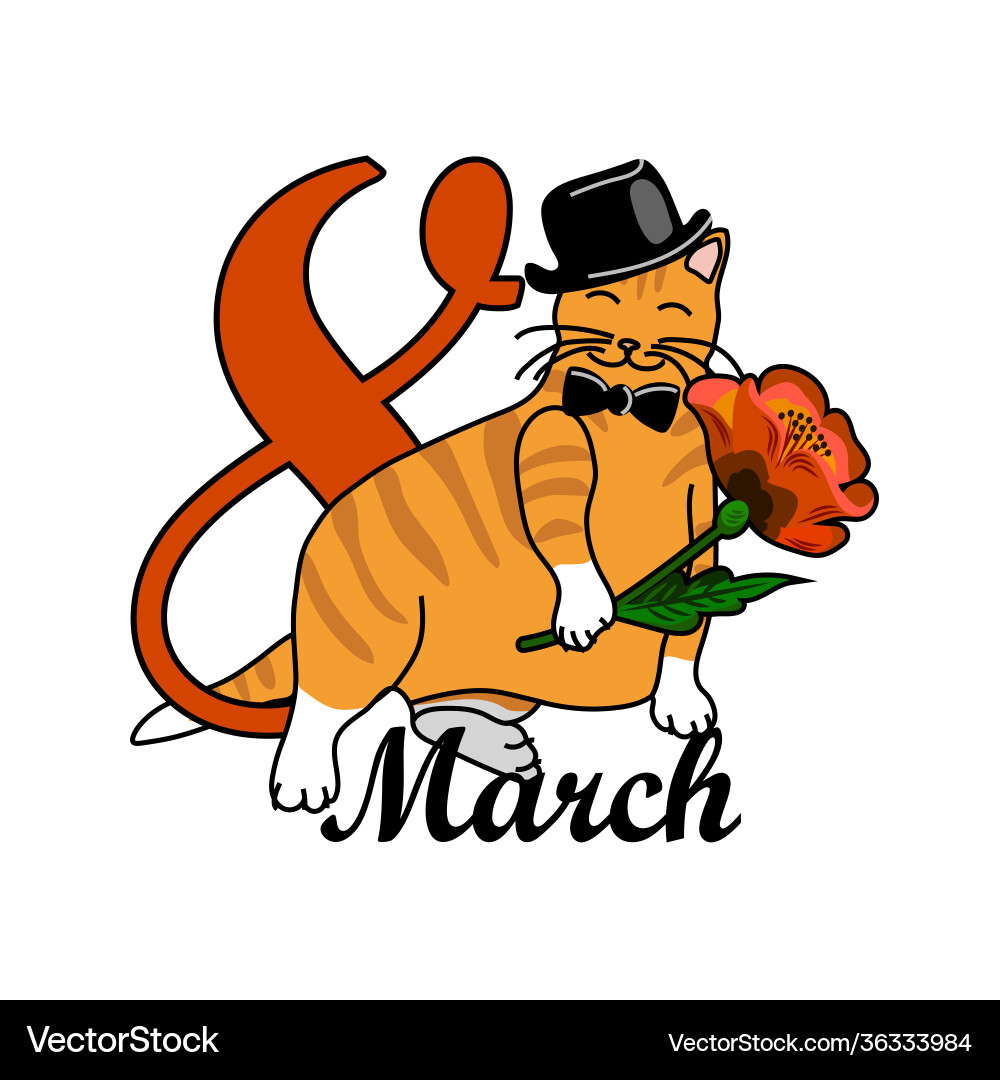 8 march greeting card with a cat and flower Vector Image