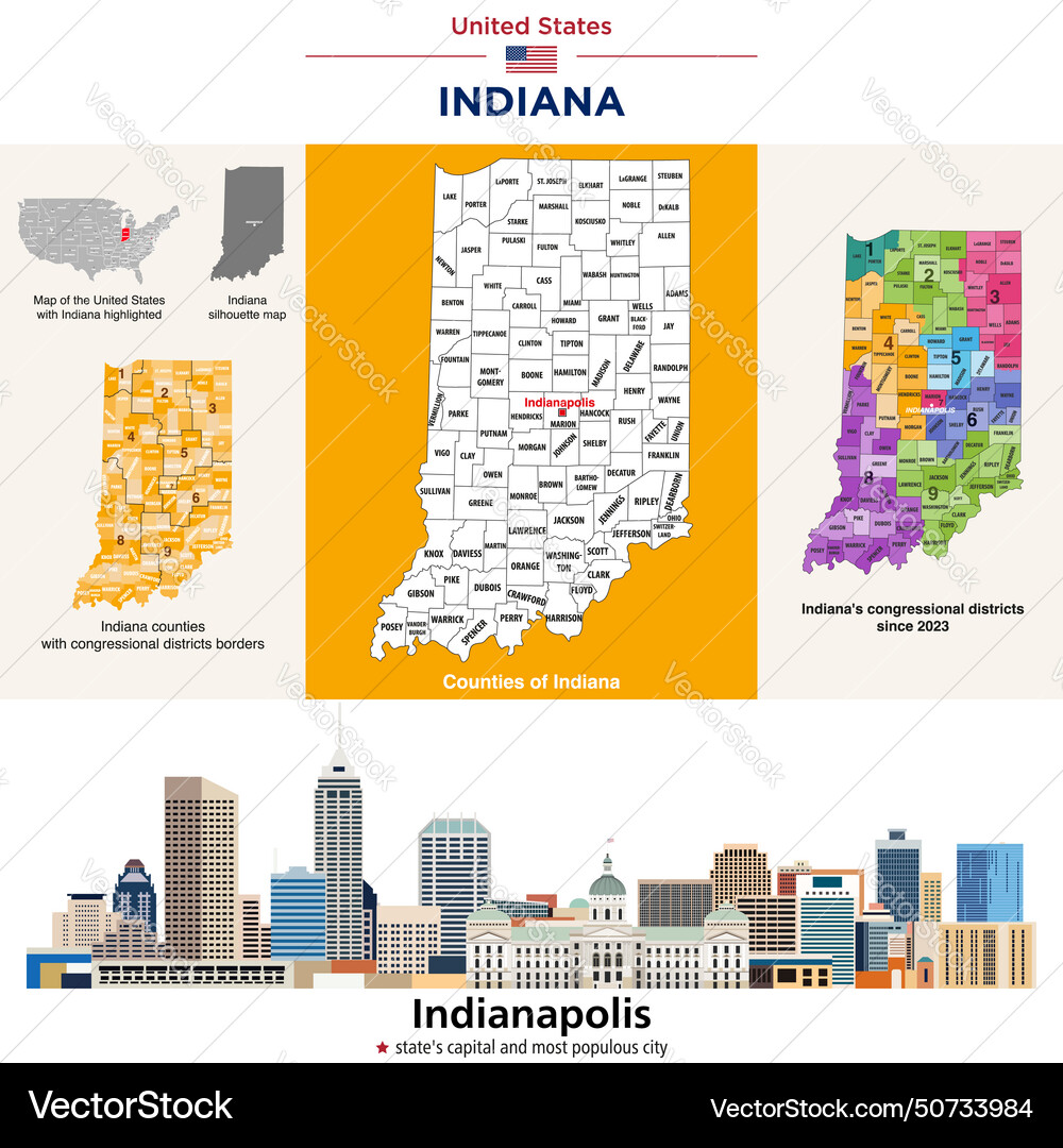 Indiana counties map and congressional districts Vector Image