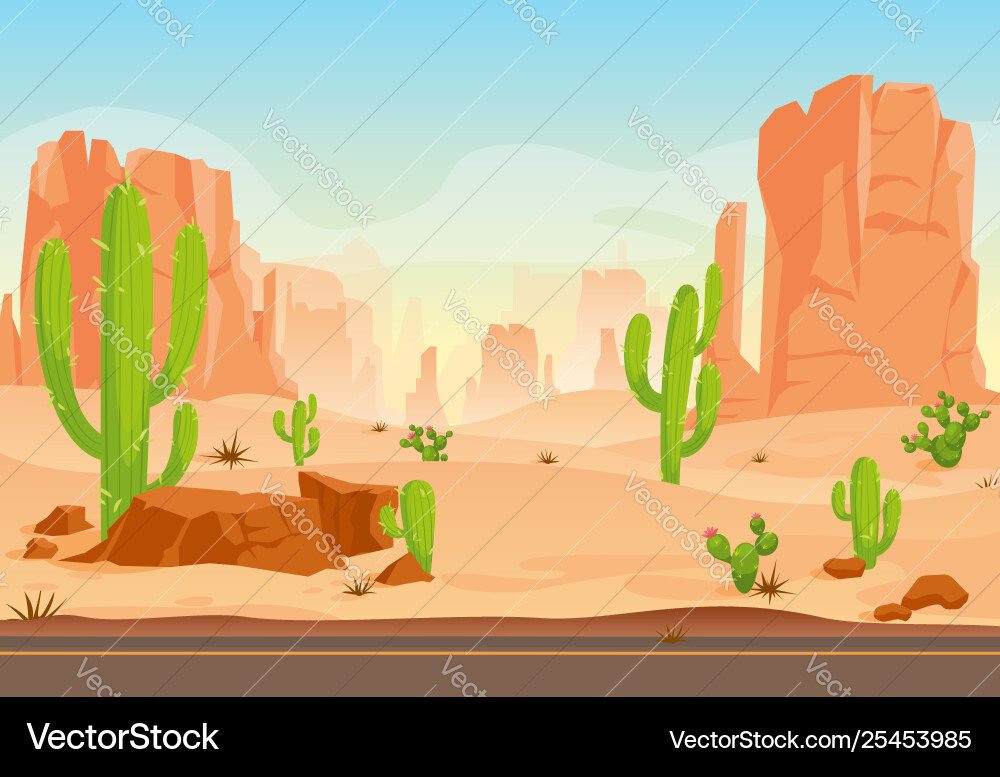 Texas desert landscape with cactuses road mountain