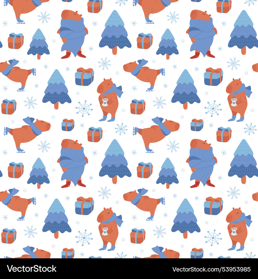 Winter seamless pattern with cute capybara Vector Image
