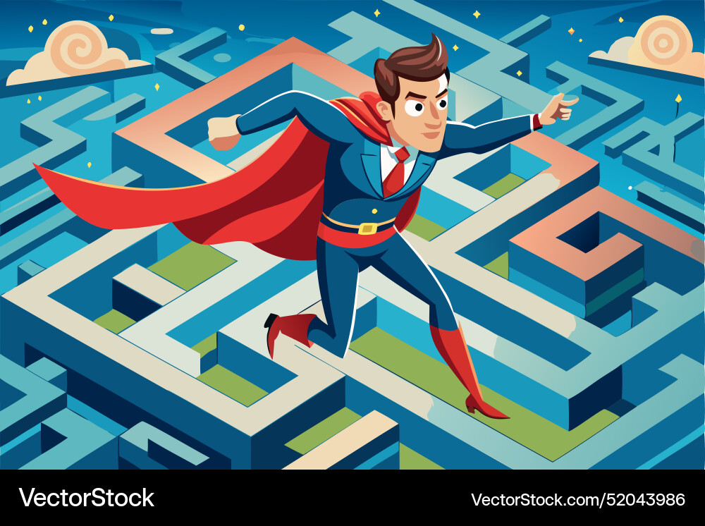 Superhero Businessman Navigating Maze Challenge Vector Image