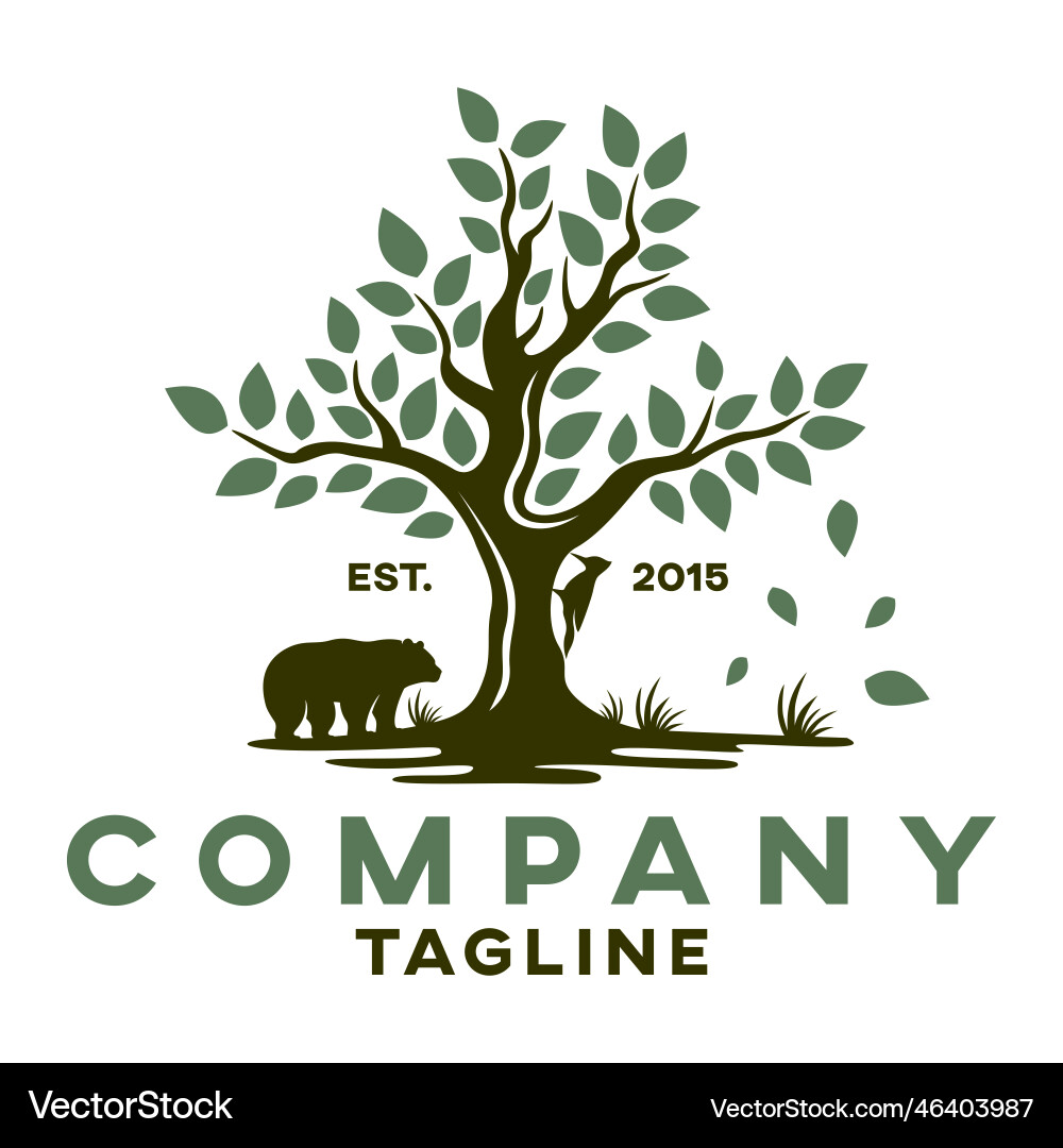 Modern tree with bear and woodpecker logo Vector Image
