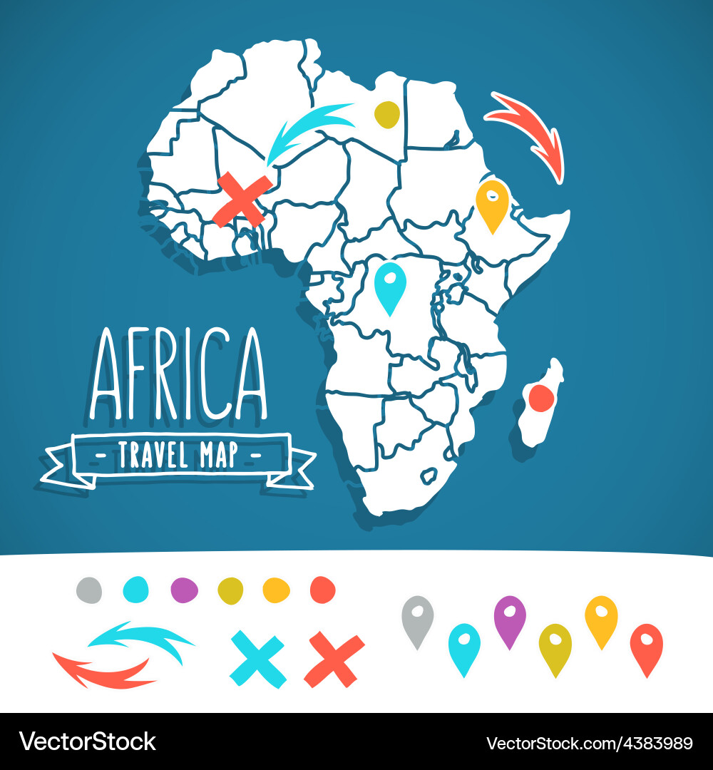 Hand drawn africa travel map with pins Royalty Free Vector