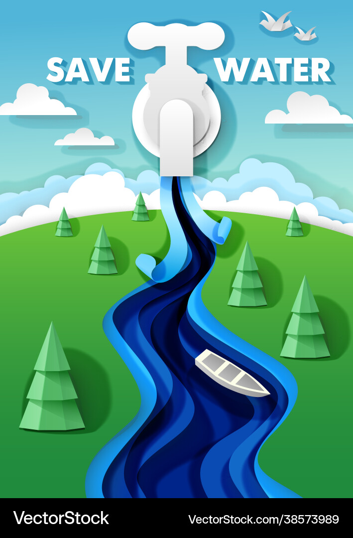 Save water poster design template paper cut Vector Image