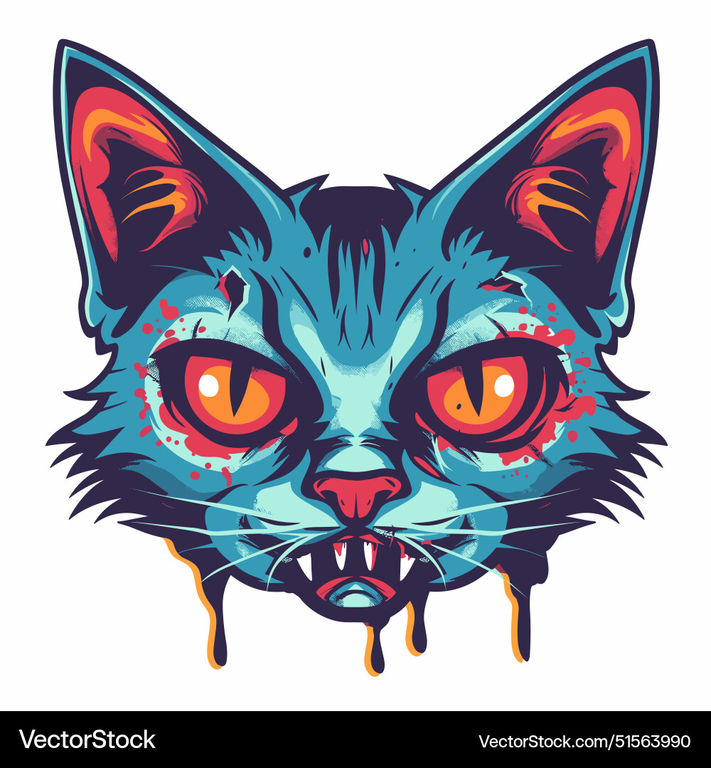 Fierce cat face vibrant blue fur glaring orange Vector Image