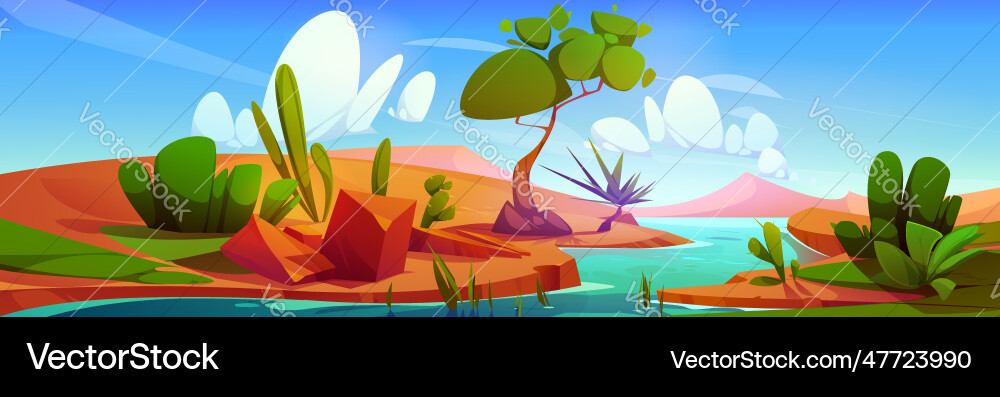 Fluss in Wüste Oasis Cartoon Landschaft Vektorbild