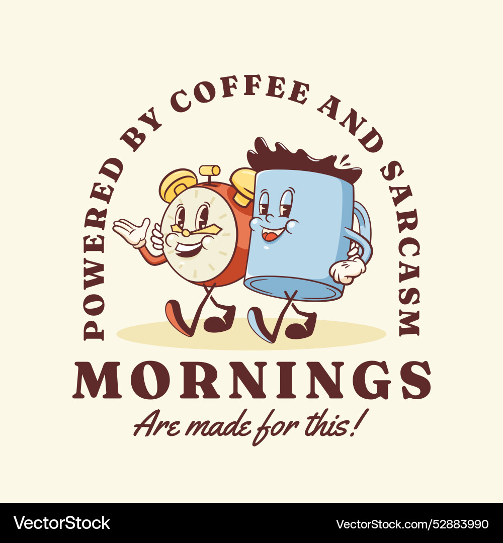 Groovy coffee mug and alarm clock retro character Vector Image