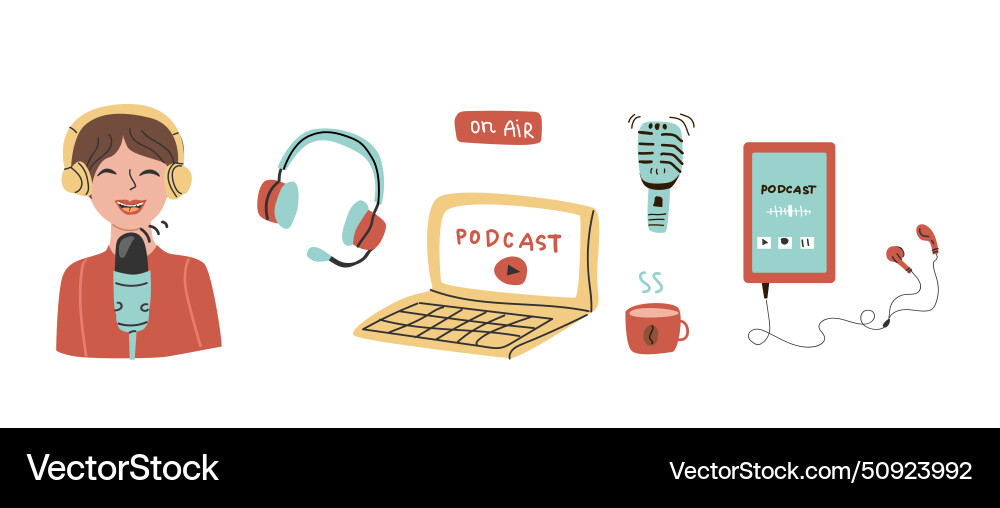 Hand drawn podcast elements set with laptop Vector Image