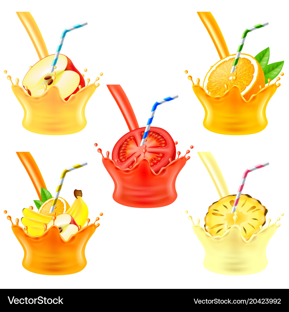 Pouring juice splash with fruits 3d realistic set Vector Image