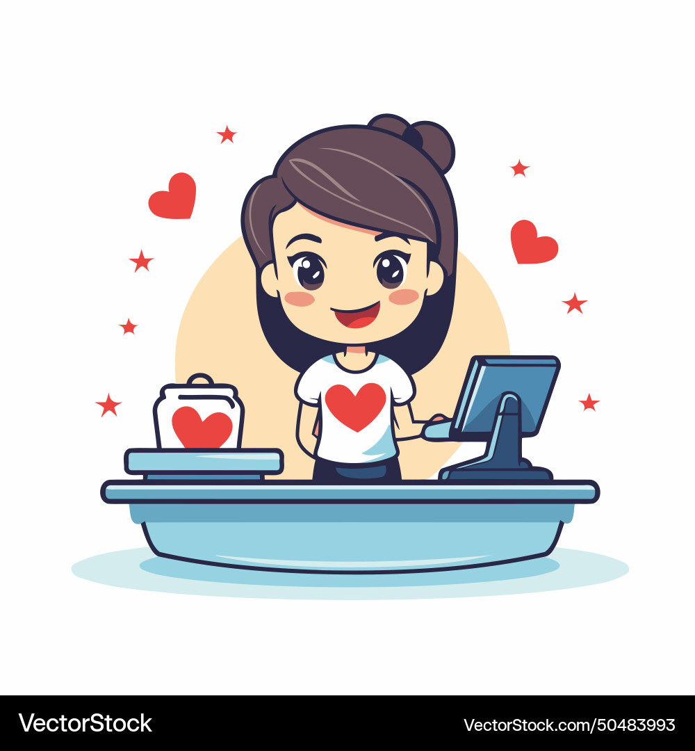 Cute cartoon girl working on computer in office Vector Image