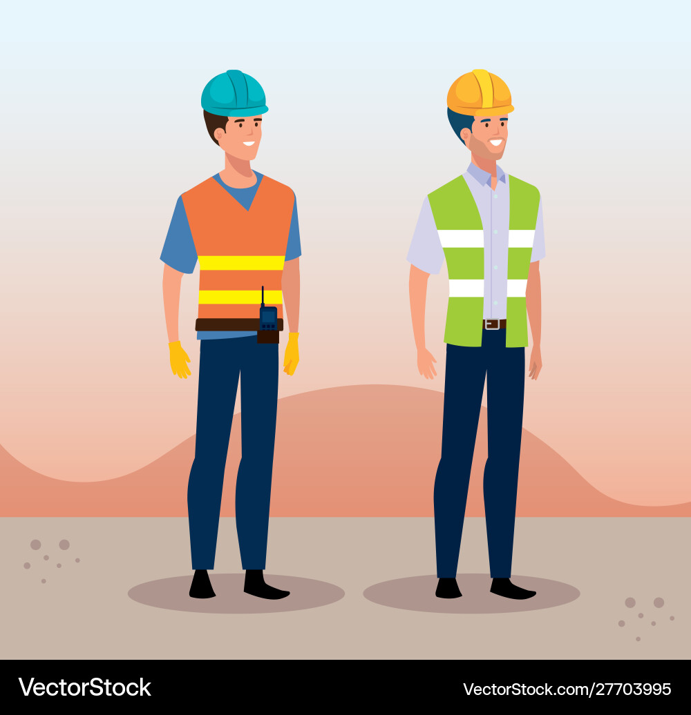 Engineer men group with helmet secure Royalty Free Vector