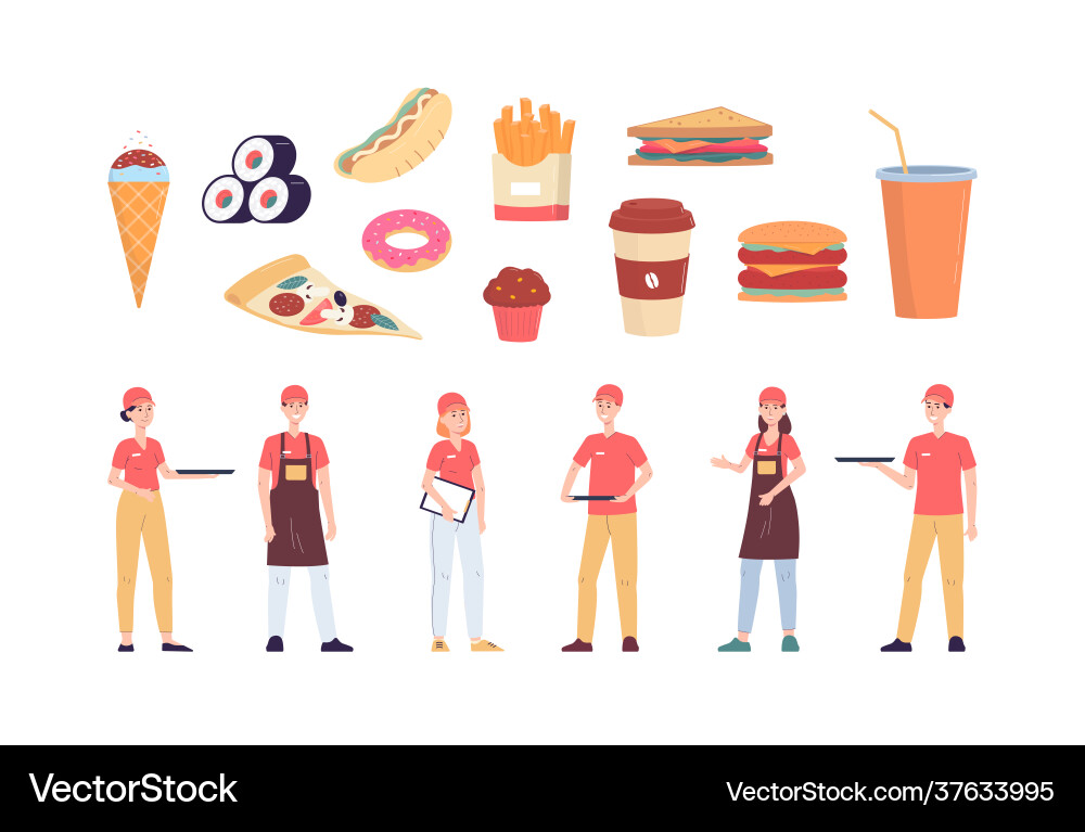 Fast food workers and traditional takeaway Vector Image