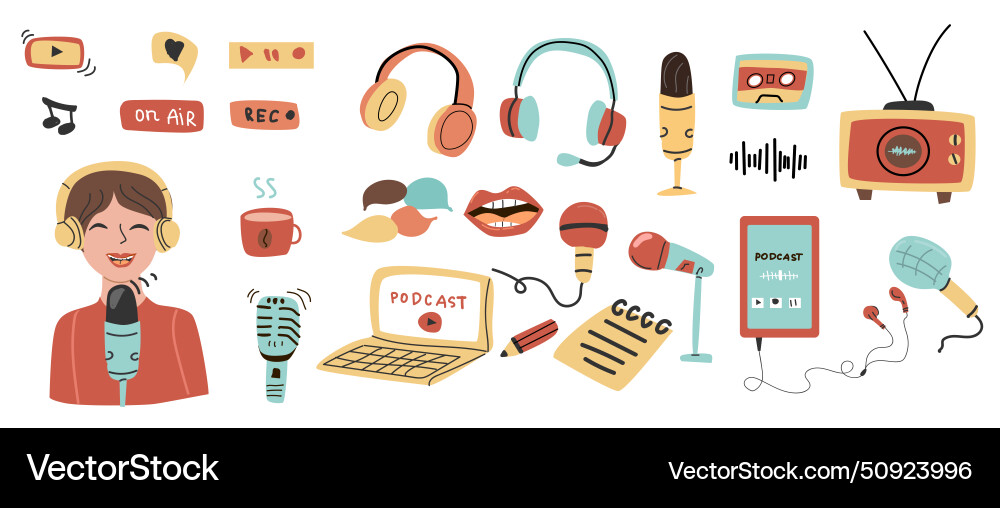 Hand drawn podcast elements set with audio Vector Image