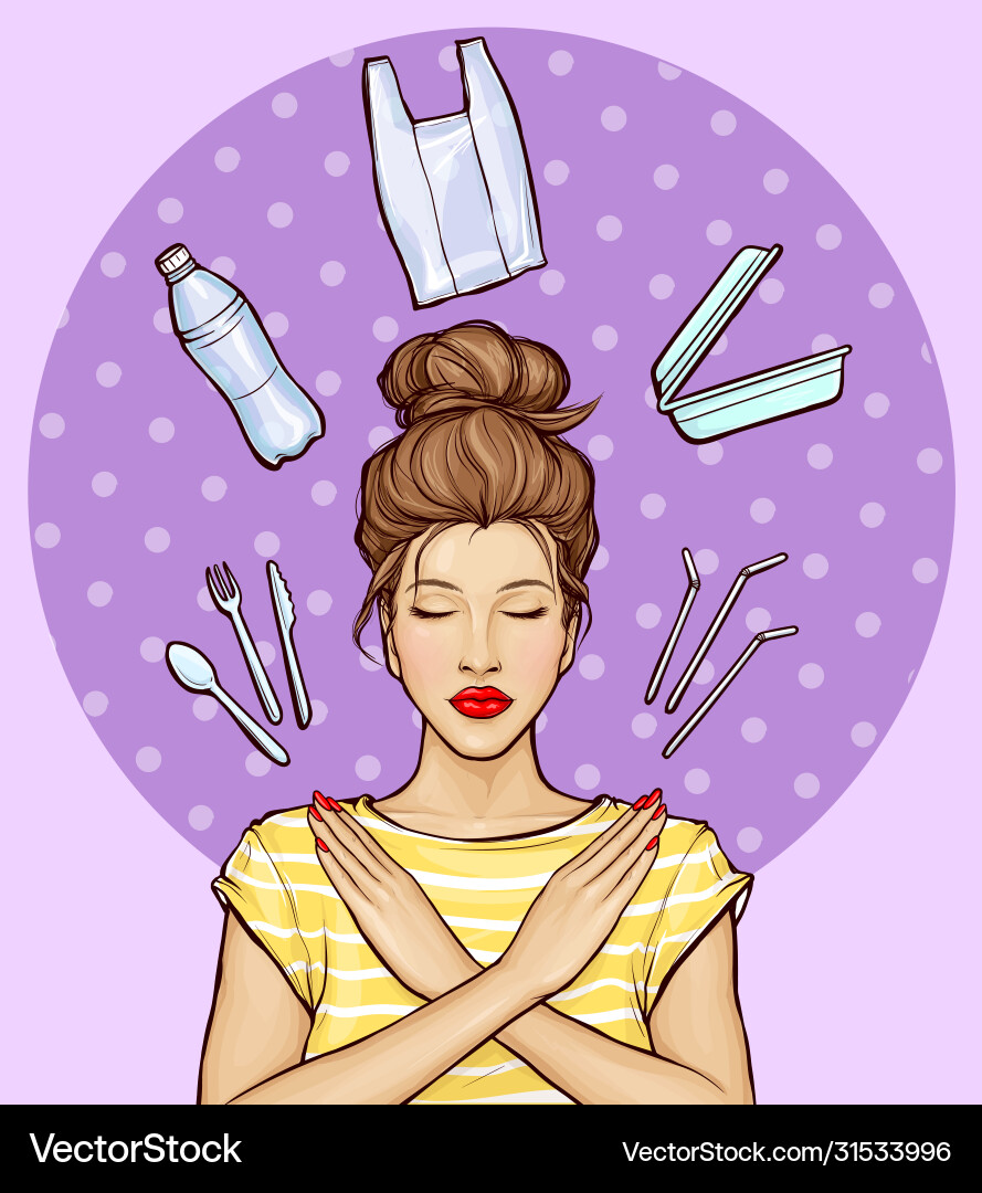 Pop art woman refuse from plastic items Royalty Free Vector