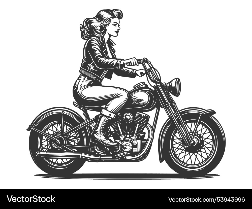 Retro biker woman on classic motorcycle Royalty Free Vector