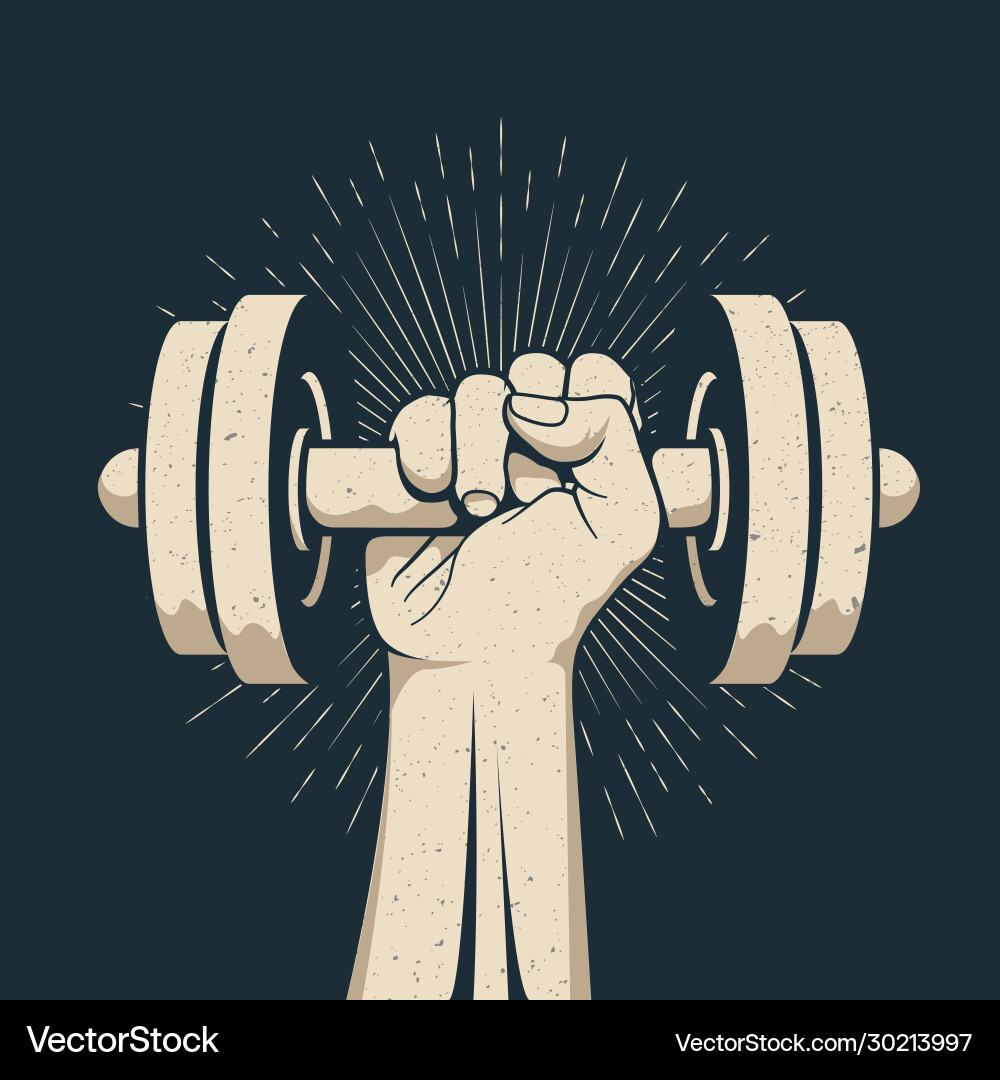Strong bodybuilder man arm holding dumbbell doing Vector Image