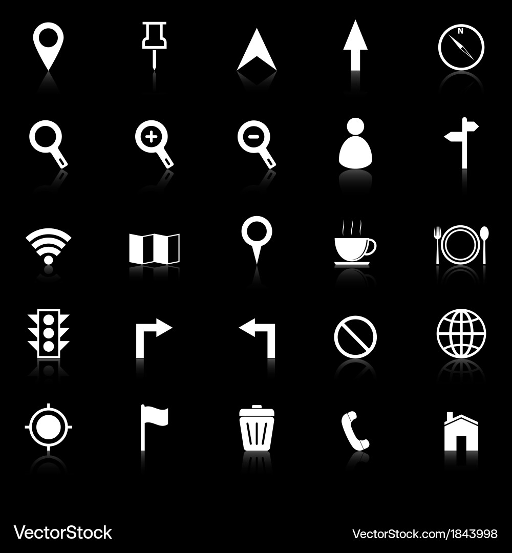 Map icons with reflect on black background Vector Image