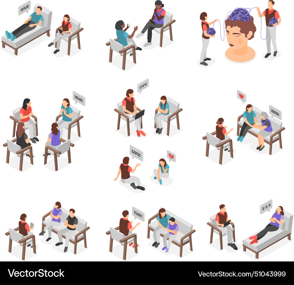 Isometric psychotherapy characters people sitting Vector Image