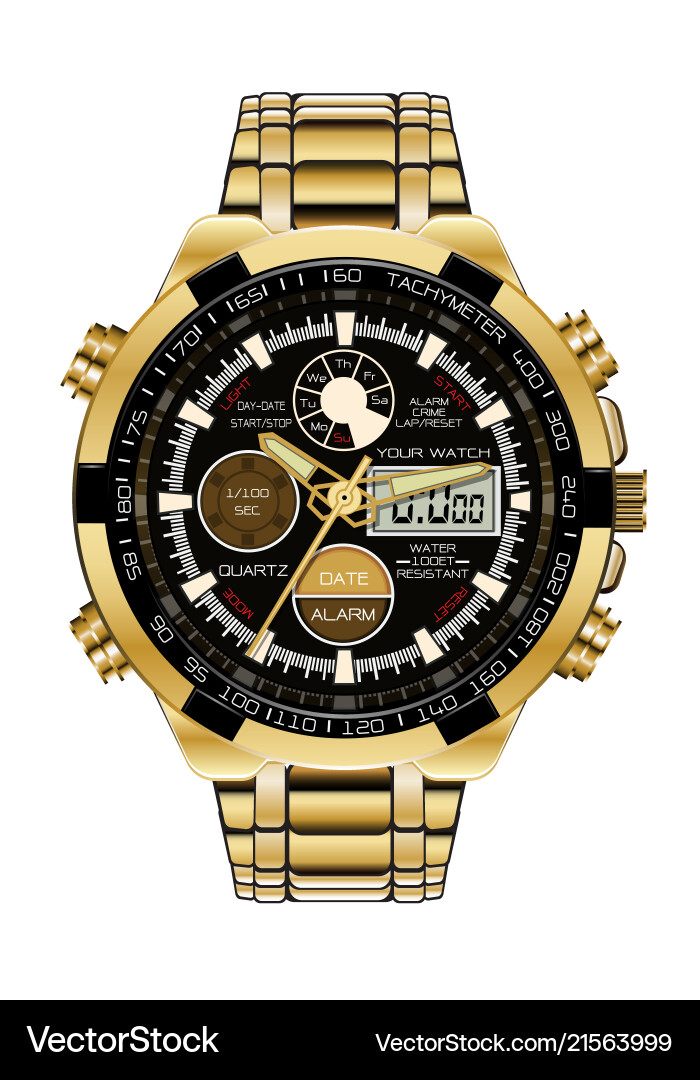 Realistic watch chronograph gold black face Vector Image