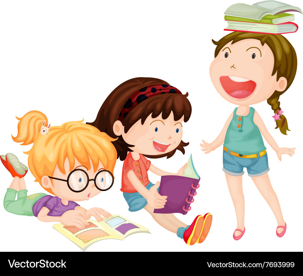 Three girls reading books together Royalty Free Vector Image