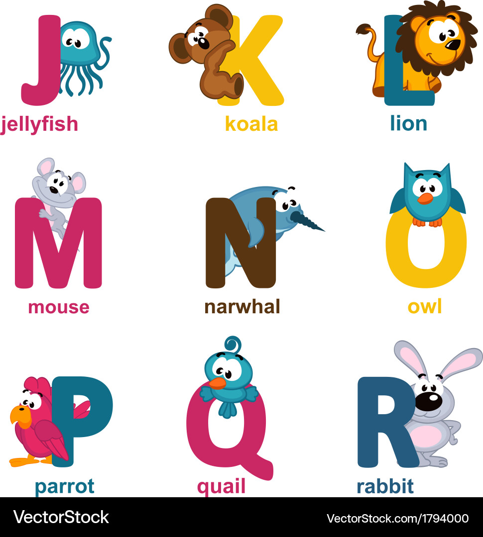 Alphabet animals from j to r Royalty Free Vector Image