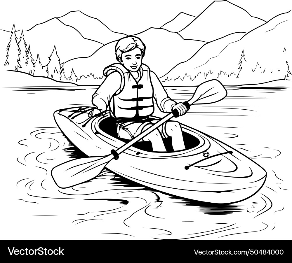 Man kayaking on the lake sketch graphics Vector Image