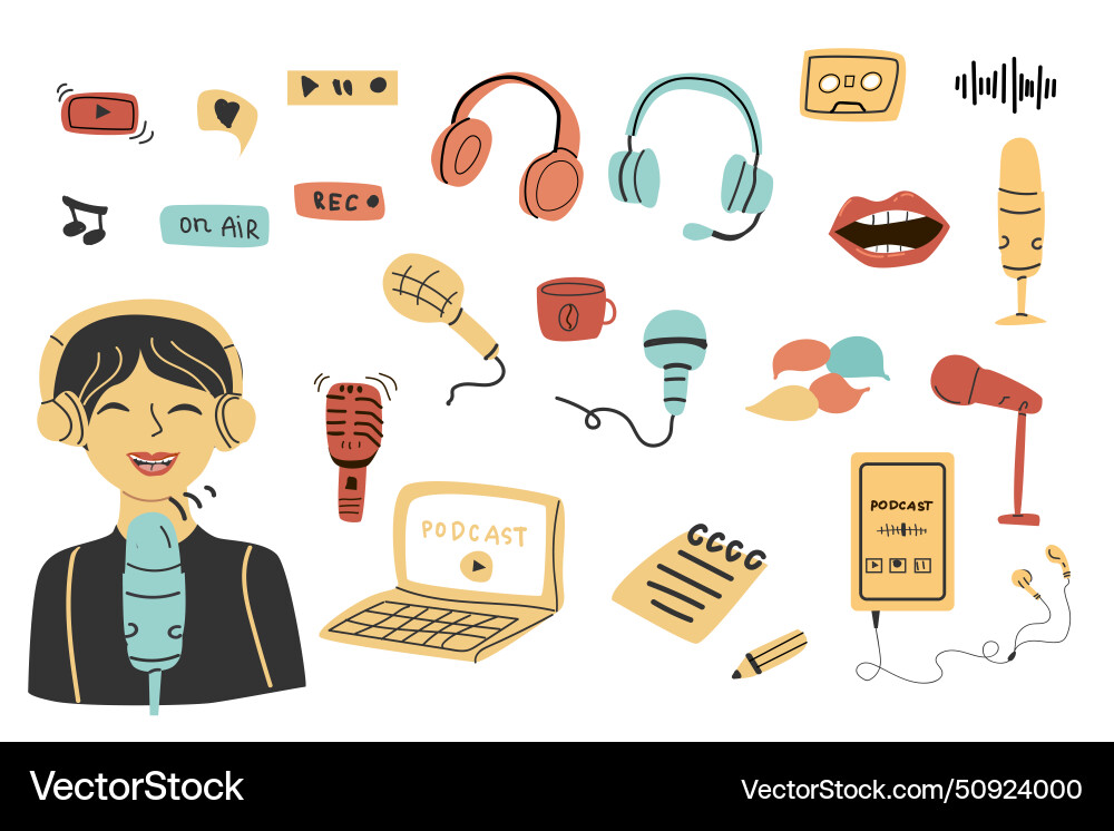 Podcast elements set with woman in flat style Vector Image