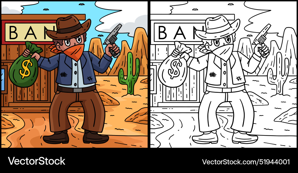 Cowboy bandit coloring page colored Royalty Free Vector