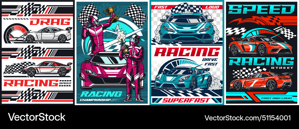 Drag racing set posters colorful Royalty Free Vector Image