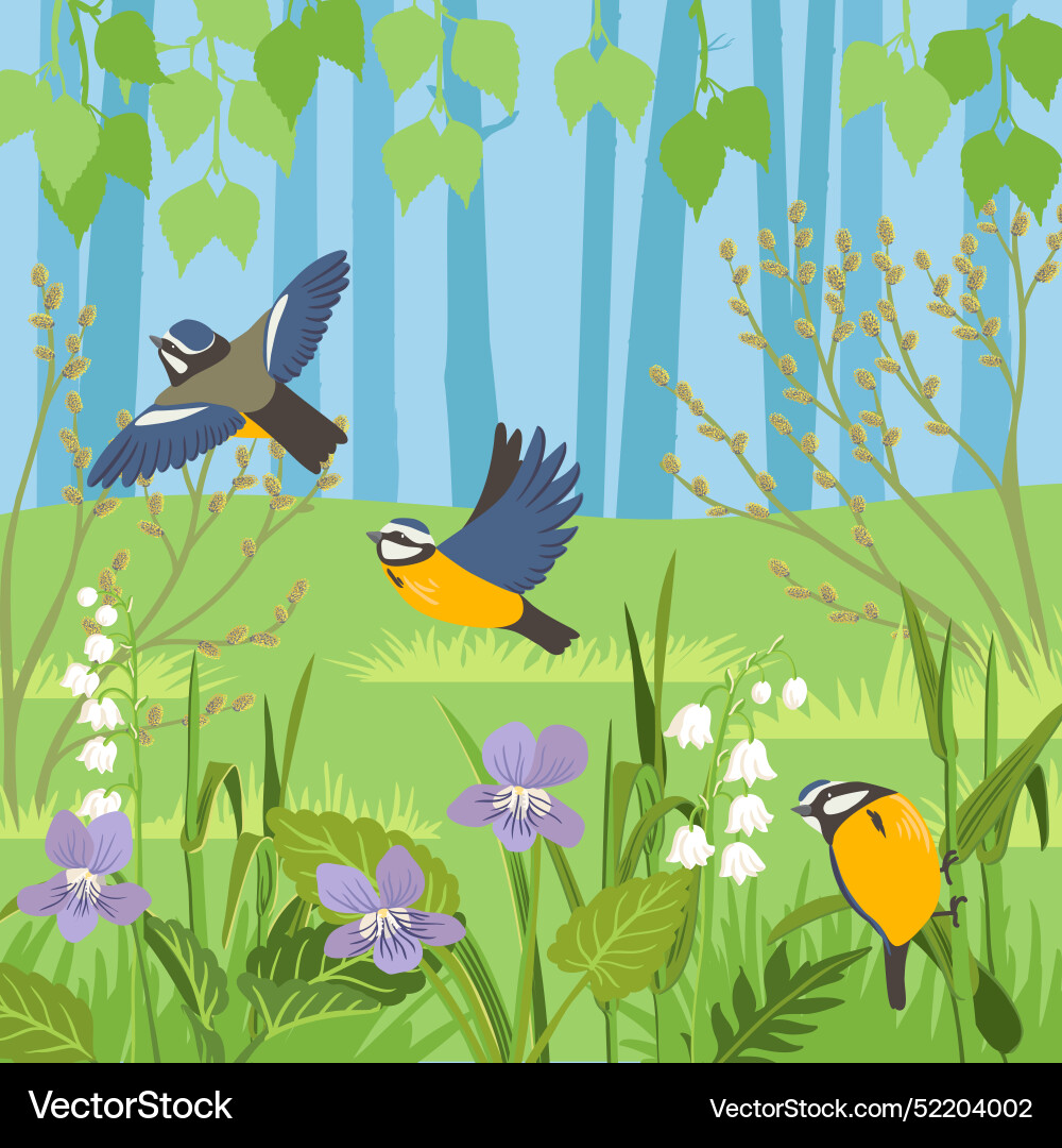 Drawing birds in forest Royalty Free Vector Image