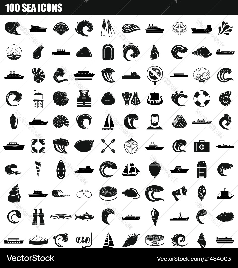 100 sea icon set simple style Royalty Free Vector Image