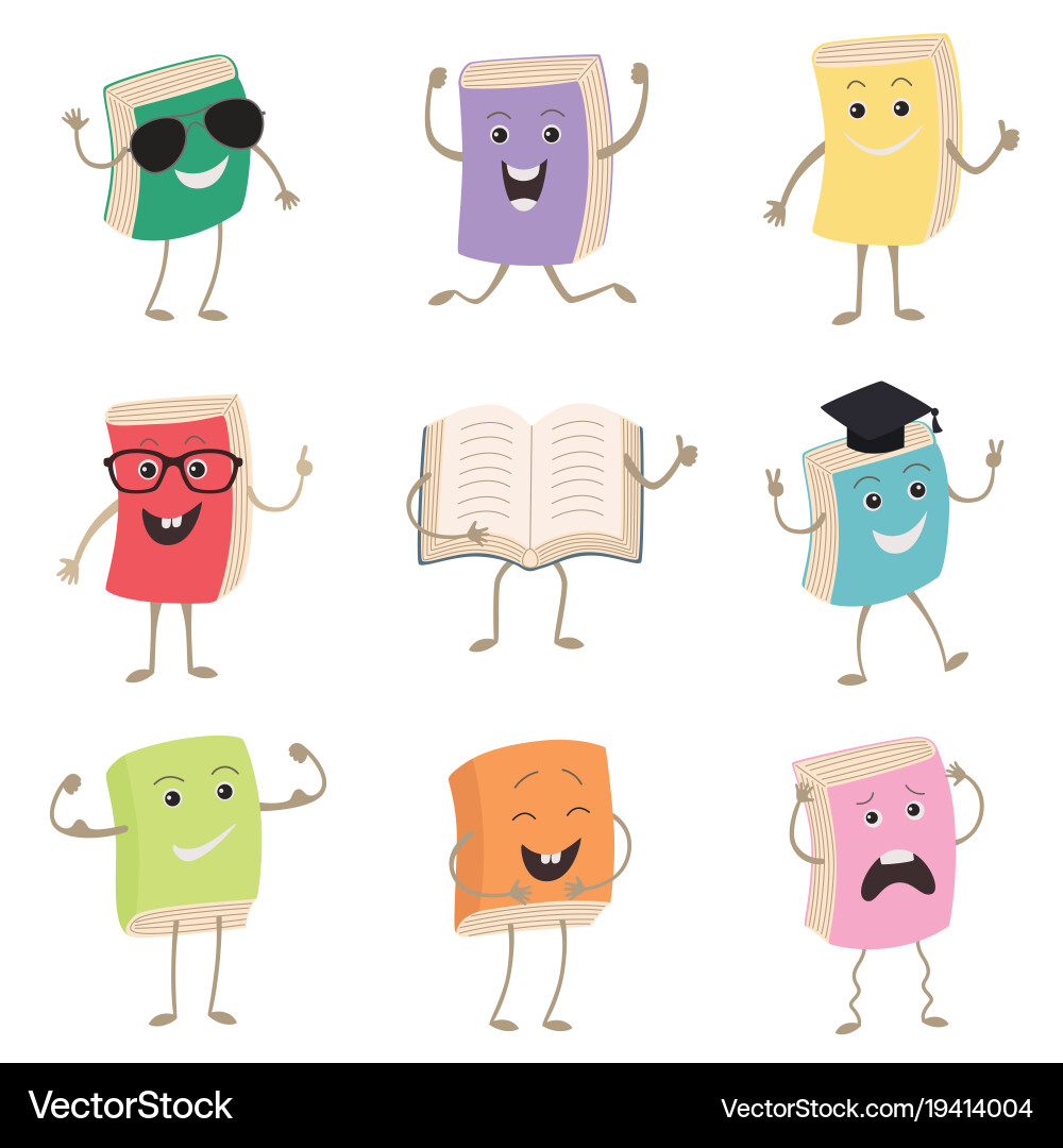 Cute humanized books characters representing Vector Image