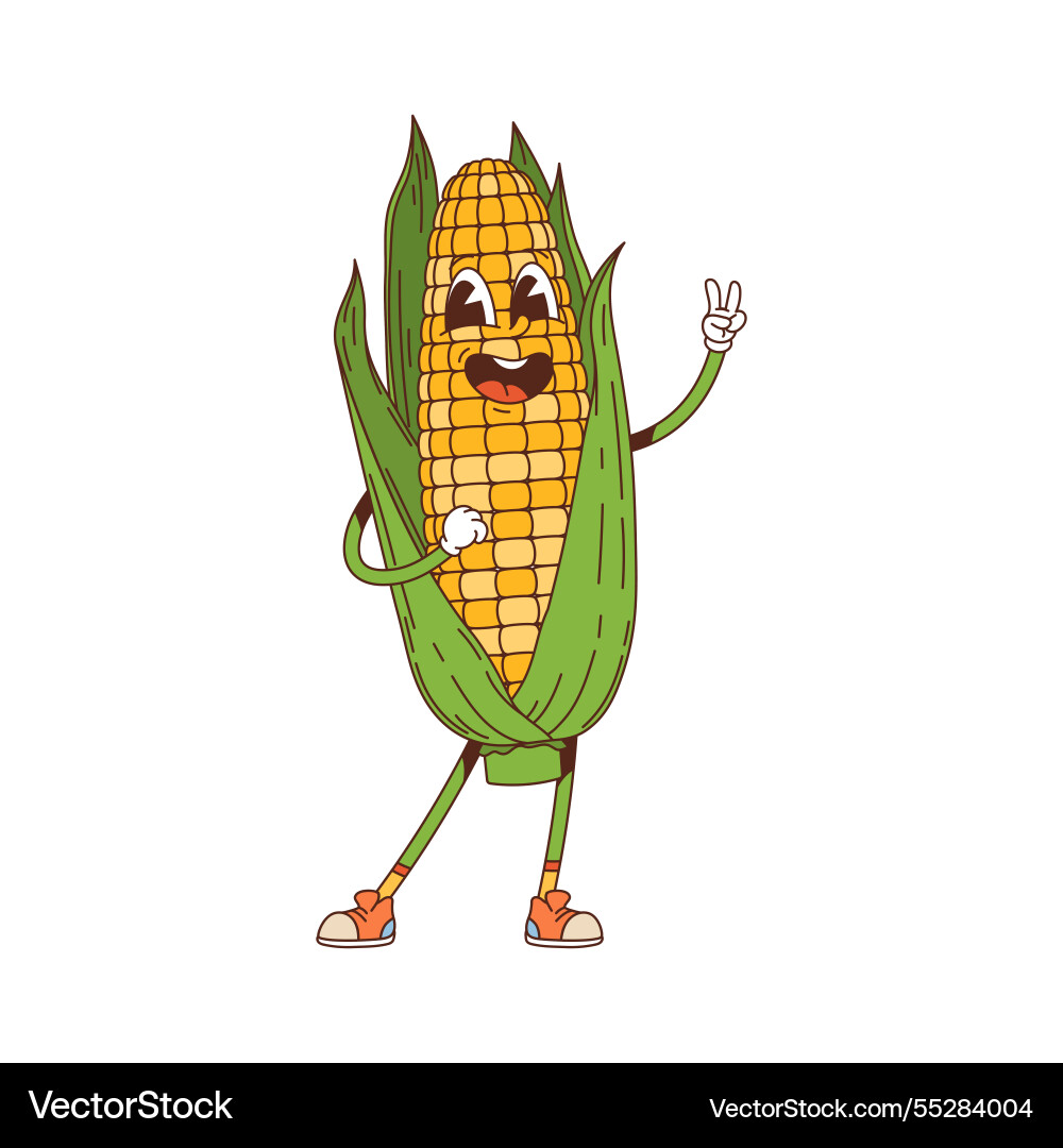Groovy corn vegetable character giving peace sign Vector Image