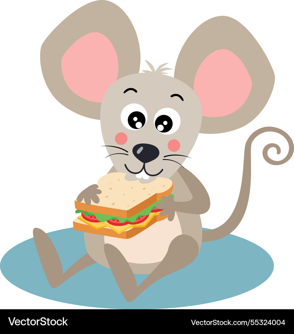 Happy mouse sitting eating a sandwich Royalty Free Vector