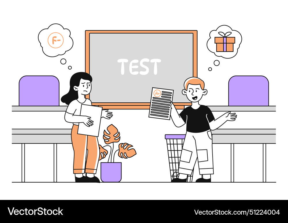 Schoolers with test results linear Royalty Free Vector Image