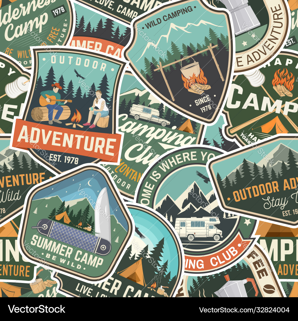 Summer camp colorful seamless pattern with rv Vector Image