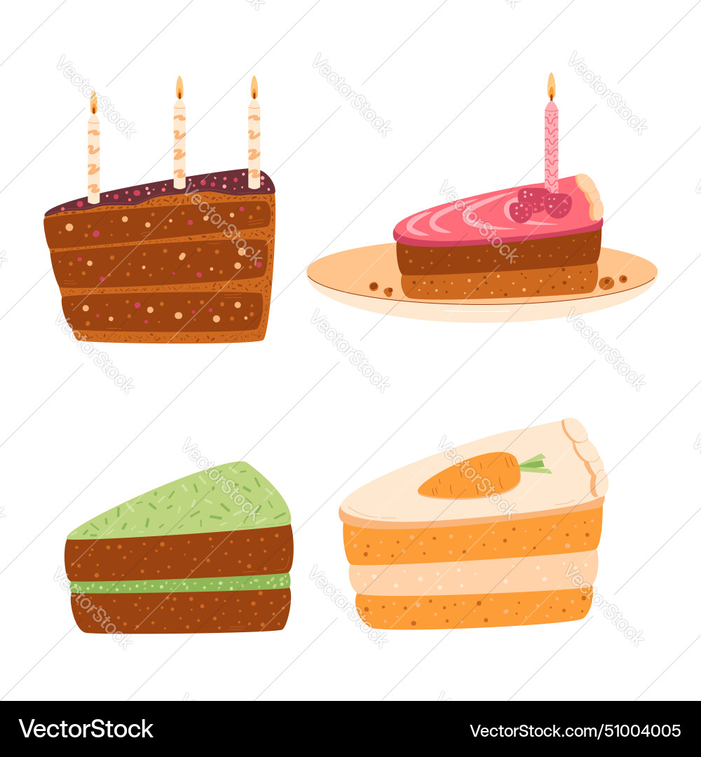 Cakes set sweet bakery piece pastry dessert Vector Image