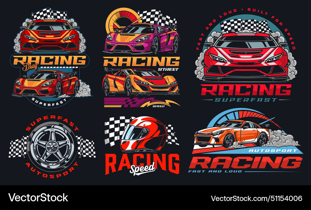 Drag racing colorful set stickers Royalty Free Vector Image