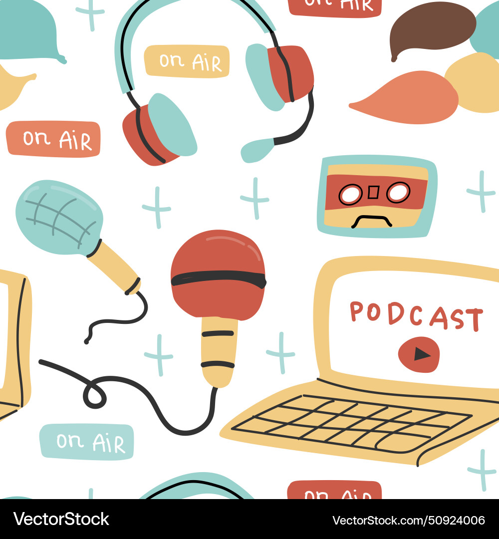 Podcast seamless pattern background with laptop Vector Image