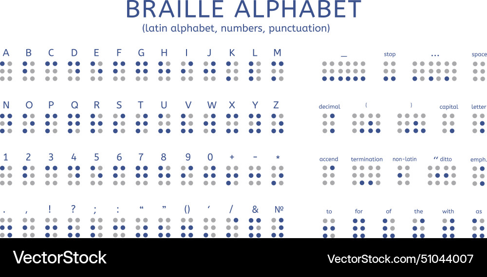 Braille alphabet letters numbers and marks for Vector Image
