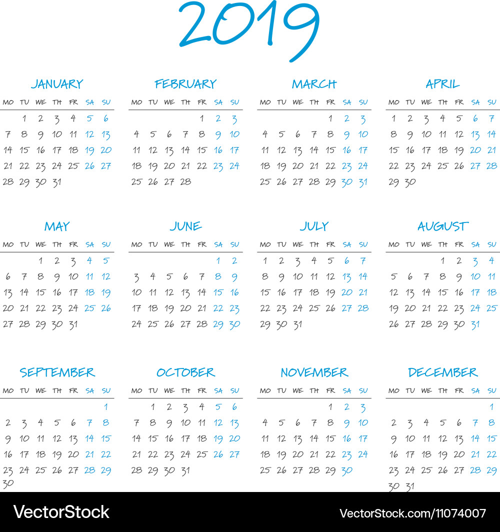 Simple 2019 year calendar Royalty Free Vector Image