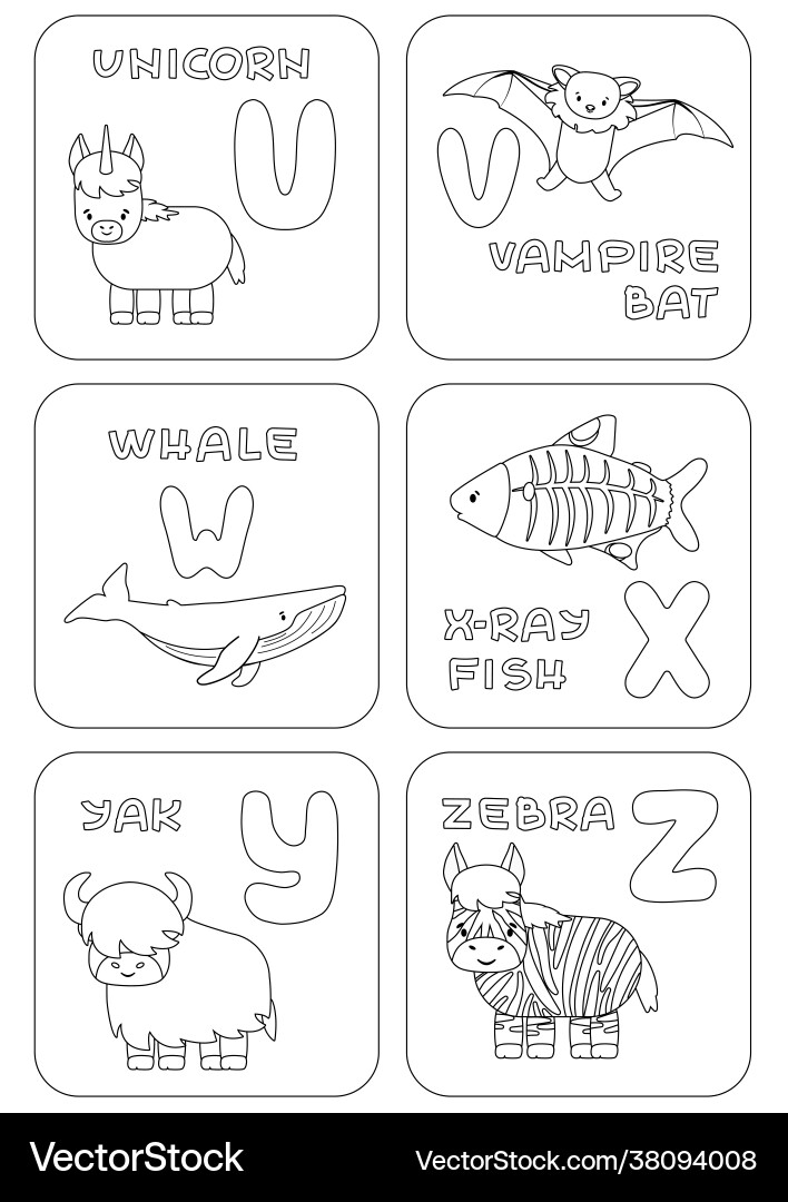 Alphabet Animals Coloring Pages - U-Z Royalty Free Vector