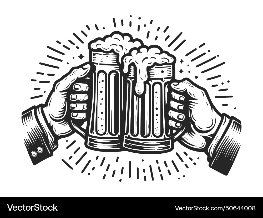 Cheers with frothy beer mugs sketch Royalty Free Vector