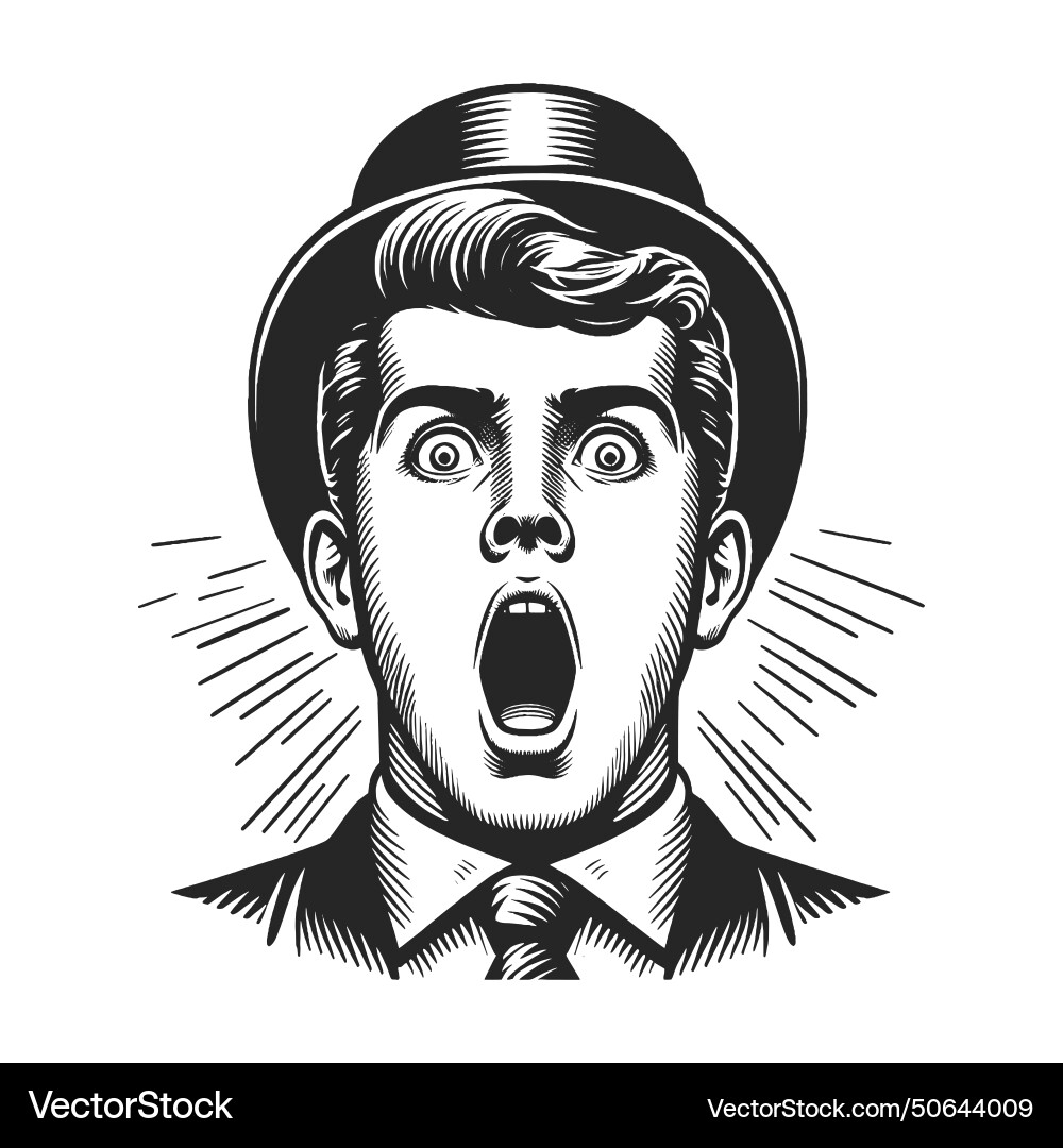 Shocked man expression retro art style Royalty Free Vector
