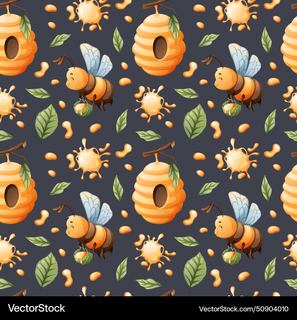 Seamless pattern with honey bees with flowers Vector Image